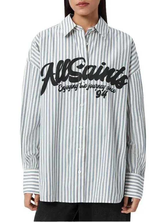 ALLSAINTS Adrianne Logo Longline Shirt - Blue/white