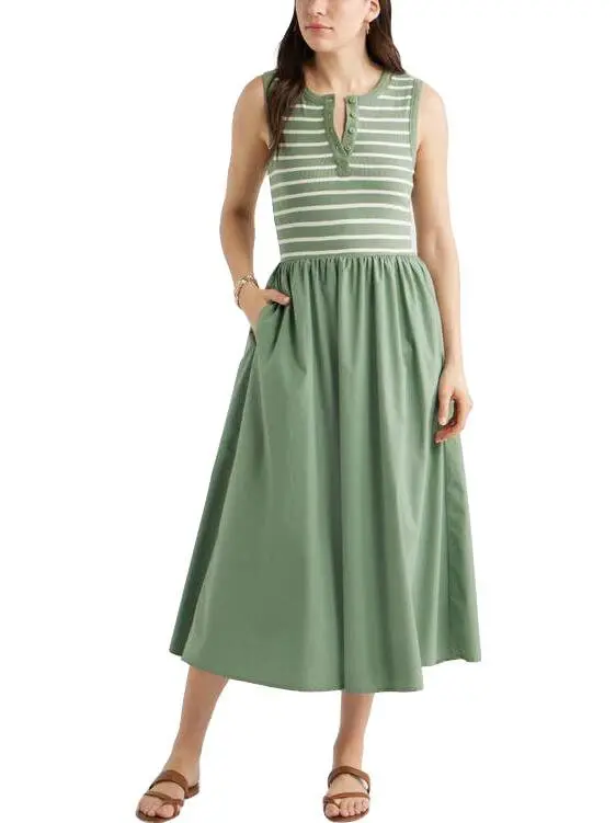 Caslon Sleeveless Mixed Media Midi Dress - Green Hedge Ivory Gabe Stripe