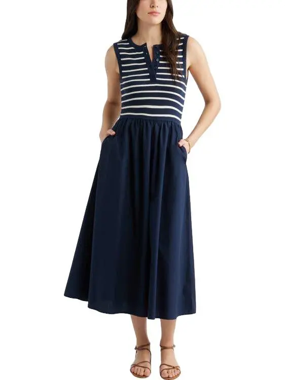 Caslon Sleeveless Mixed Media Midi Dress - Navy Still Ivory Gabe Stripe