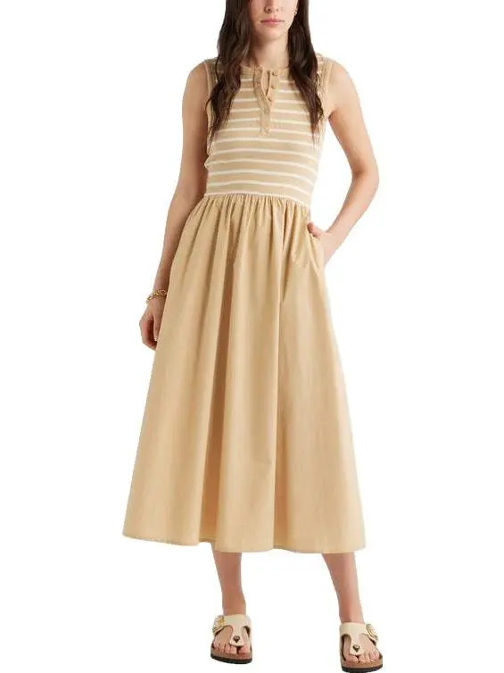 Caslon Sleeveless Mixed Media Midi Dress - Tan Shore Ivory Gabe Stripe