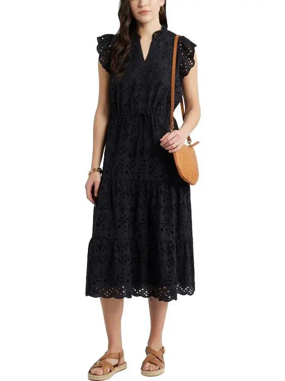 Caslon Ruffle Flutter Sleeve Cotton Broderie Anglaise Midi Dress - Black
