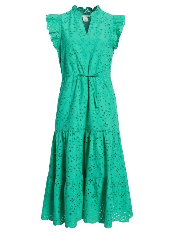 Caslon Ruffle Flutter Sleeve Cotton Broderie Anglaise Midi Dress - Green Ease