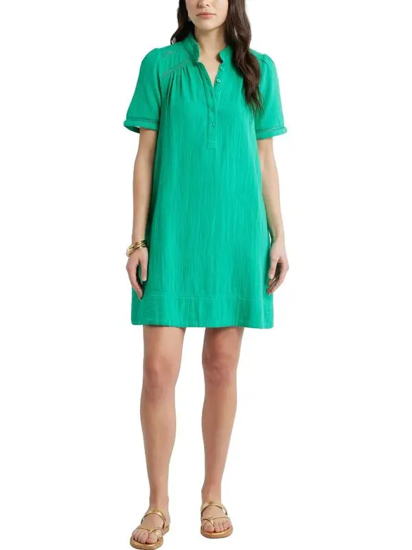 Caslon Ruffle Embroidered Inset Cotton Shift Dress - Green Ease