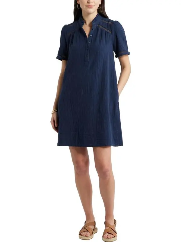 Caslon Ruffle Embroidered Inset Cotton Shift Dress - Navy Still