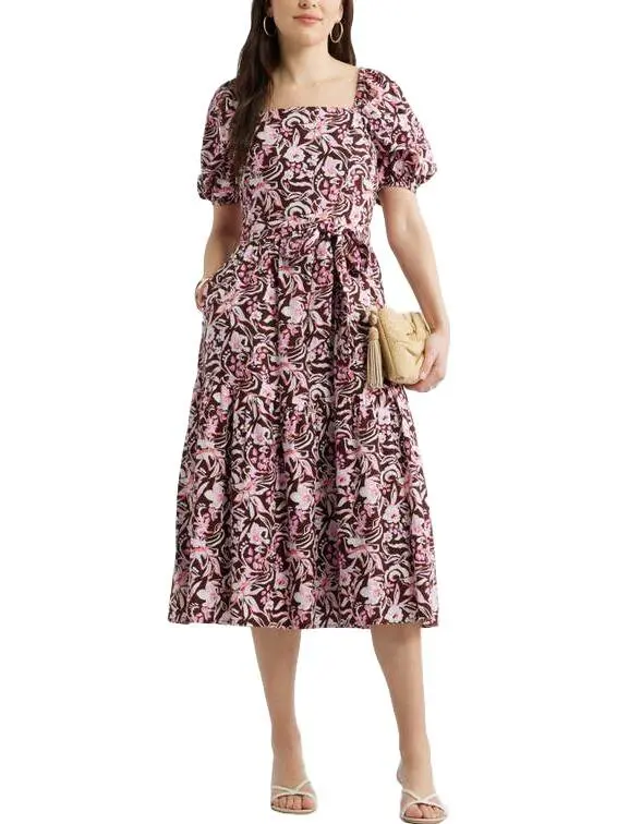 Caslon Puff Sleeve Linen Blend Midi Dress - Brown Chocolate Daisy Garden