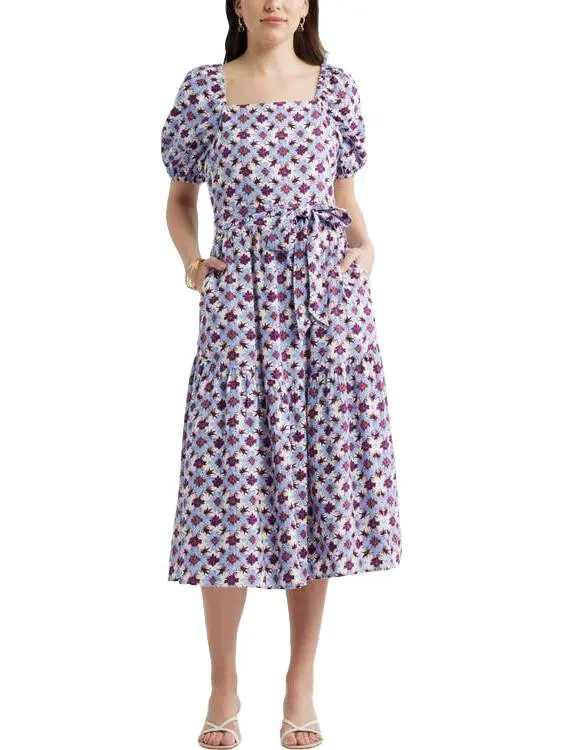 Caslon Puff Sleeve Linen Blend Midi Dress - Ivory- Purple Millie Tile