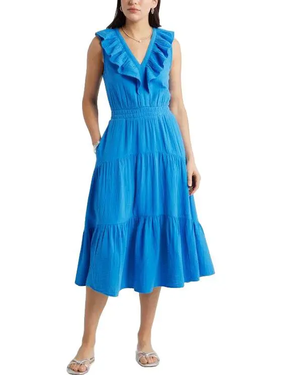 Caslon Ruffle Sleeveless Tiered Cotton Midi Dress - Blue Palace