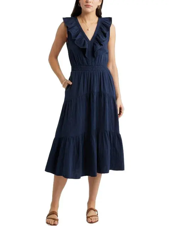 Caslon Ruffle Sleeveless Tiered Cotton Midi Dress - Navy Still