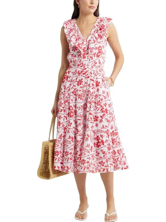 Caslon Ruffle Sleeveless Tiered Cotton Midi Dress - White- Red Flower Paisley