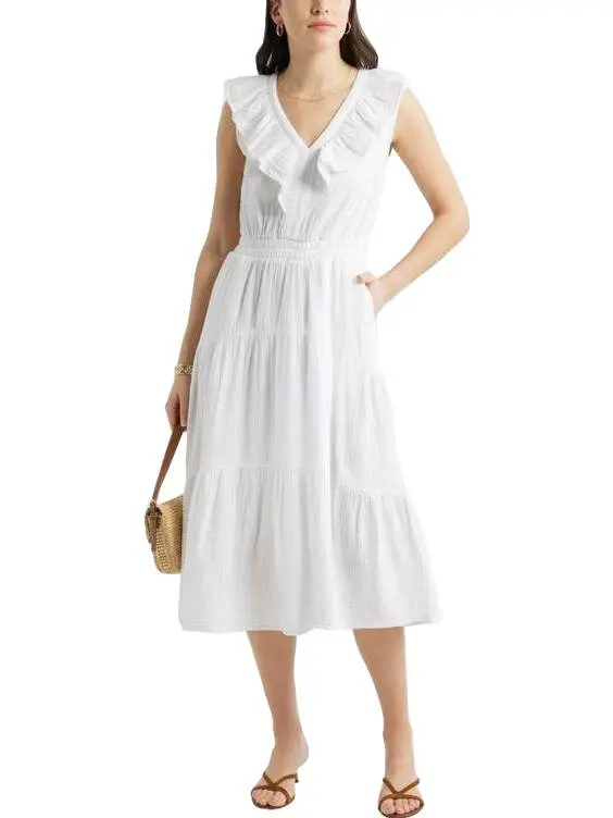Caslon Ruffle Sleeveless Tiered Cotton Midi Dress - White