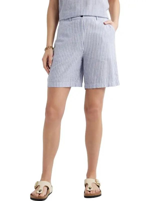 Caslon Relaxed Linen Blend Bermuda Shorts - Blue- Ivory Penny Stripe