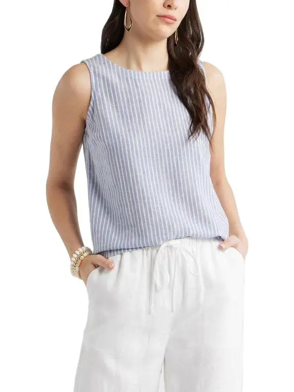 Caslon Linen Blend Tank - Blue- Ivory Penny Stripe
