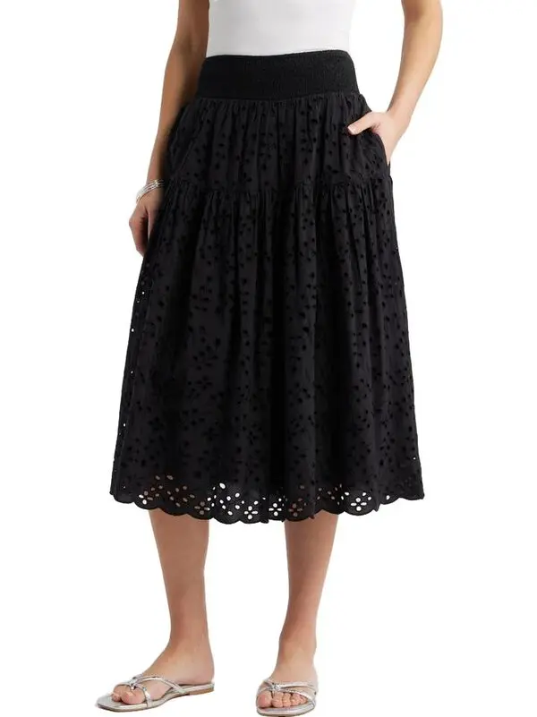 Caslon Smocked Waist Eyelet Midi Skirt - Black