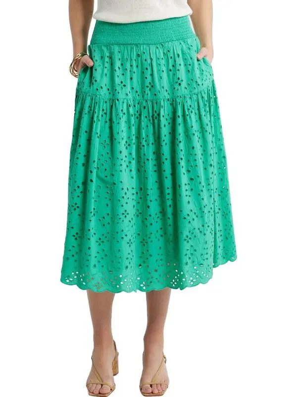 Caslon Smocked Waist Eyelet Midi Skirt - Green Ease