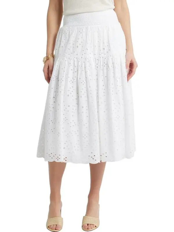 Caslon Smocked Waist Eyelet Midi Skirt - White
