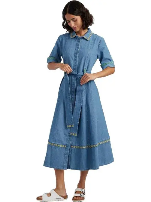 Chinti & Parker Chambray Shirt Dress With Buttercup Embroidery - Spring Blue
