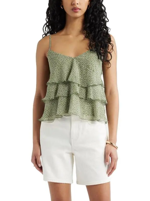 OPEN EDIT Ruffle Tiered Camisole - Olive- White Dense Dot
