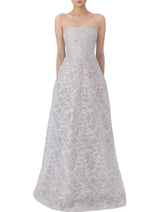 SAU LEE Floral Embroidered Strapless Gown - Silver Grey