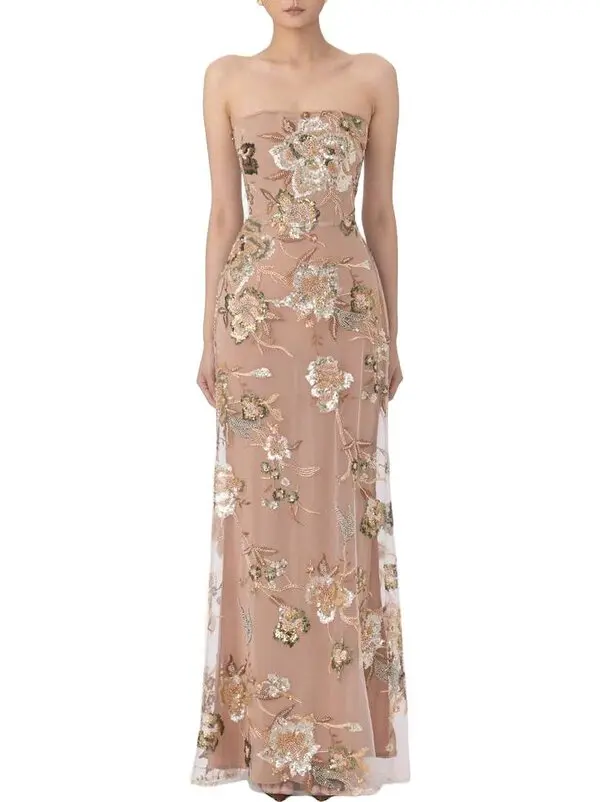 SAU LEE Pippa Floral Embellished Mesh Gown - Taupe Multi