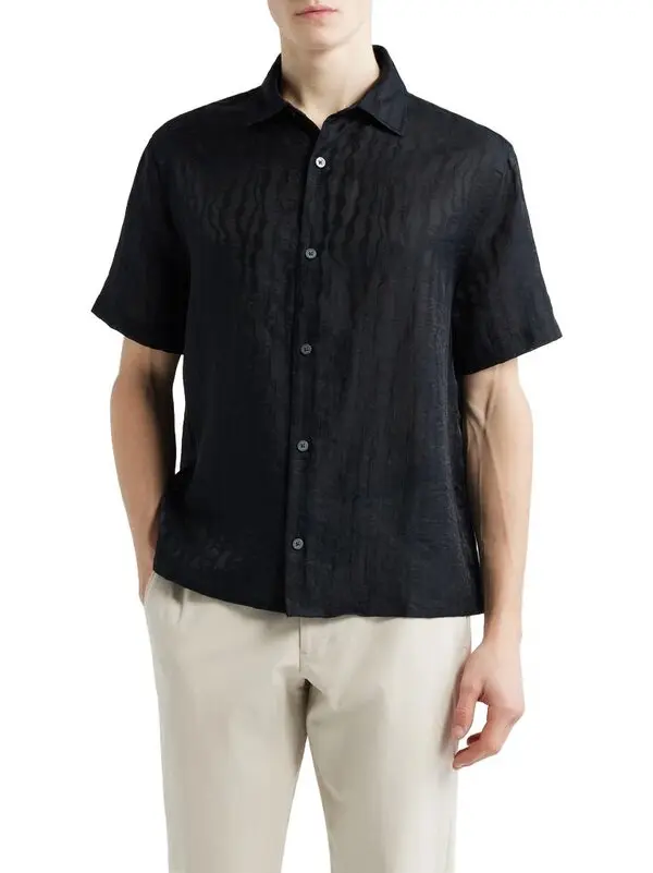 OPEN EDIT Wavy Stripe Short Sleeve Button-up Shirt - Black