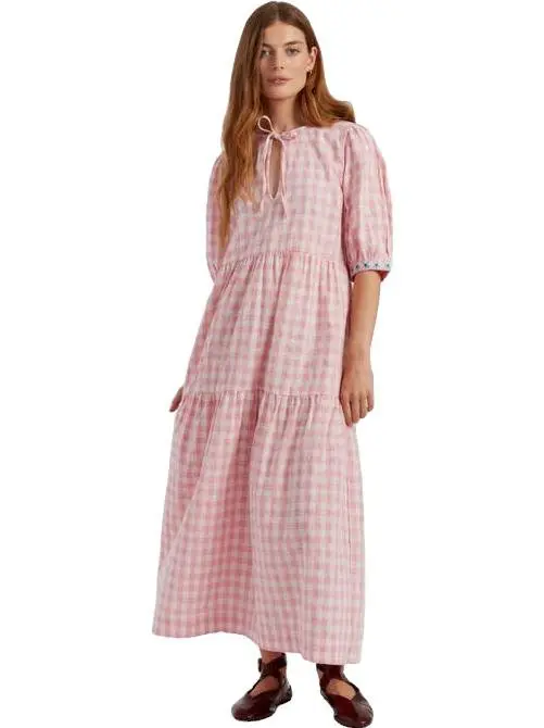 Chinti & Parker Linen Blend Gingham Day Dress - Pink Gingham