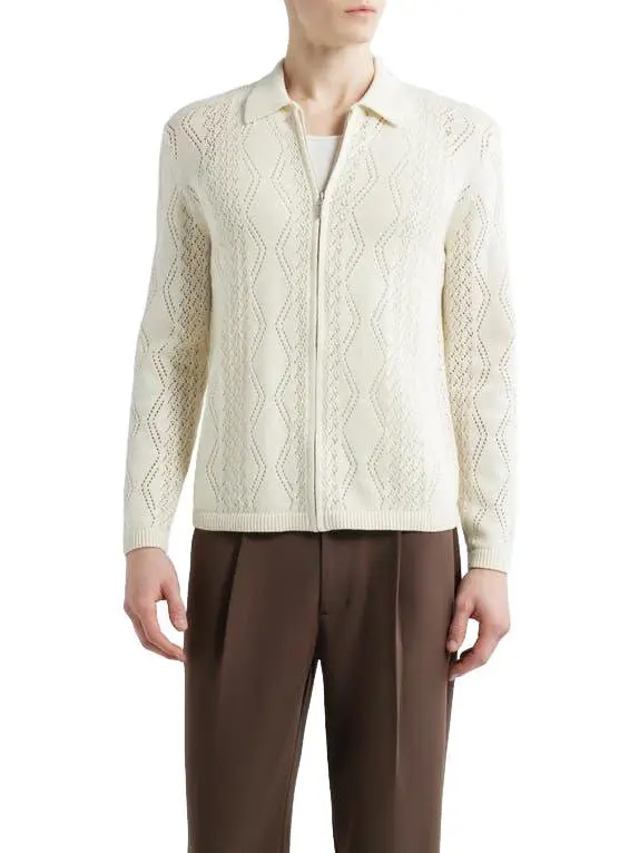 OPEN EDIT Cotton Pointelle Zip Cardigan - Ivory Egret