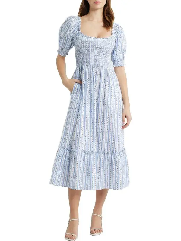 Hill House Home The Louisa Ditsy Floral Midi Nap Dress - Petal Stripe Blue