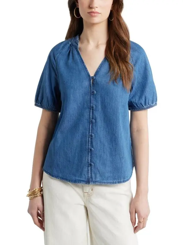 Treasure & Bond V-neck Chambray Top - Medium Wash