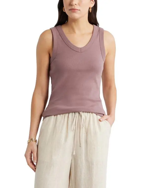 Caslon V-neck Ribbed Cotton Tank - Purple Taupe