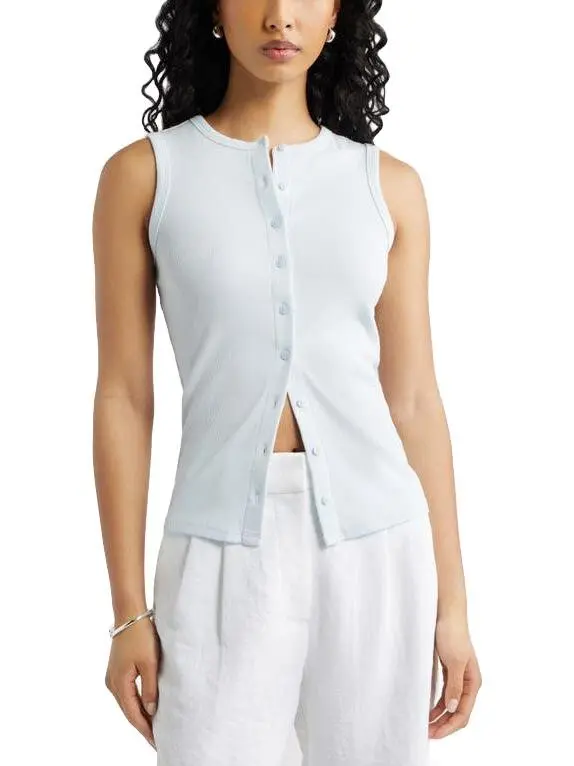 OPEN EDIT Ribbed Button-up Tank - Blue Breeze