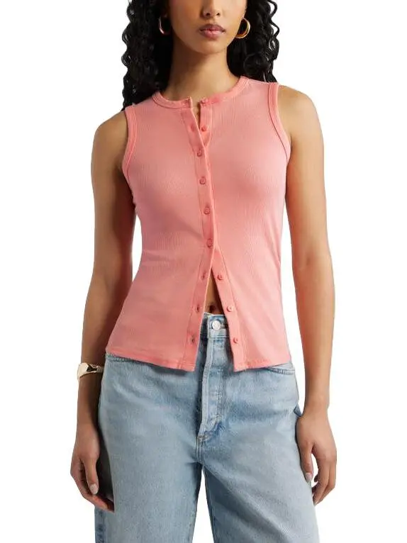 OPEN EDIT Ribbed Button-up Tank - Pink Flamingo
