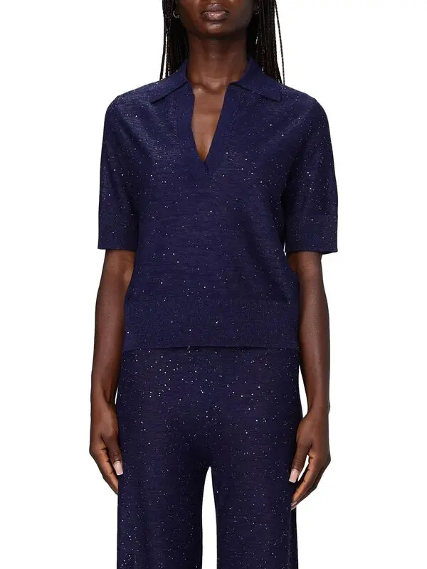 KANGRA Viscose Knit Polo With Sequin Embellishments - Blue