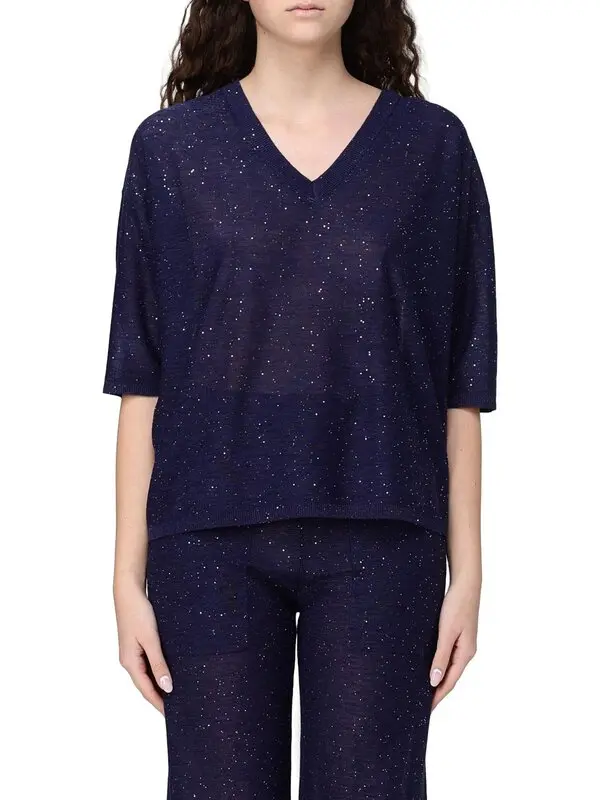 KANGRA Viscose Blend V-neck Top With Sequins - Blue