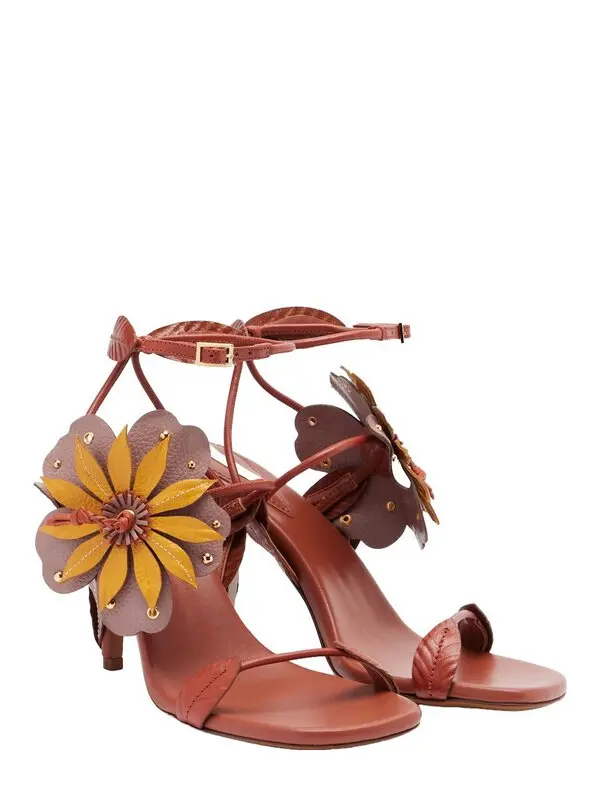 Zimmermann Siena Leather Floral Appliqué Square Toe Sandals - Brown
