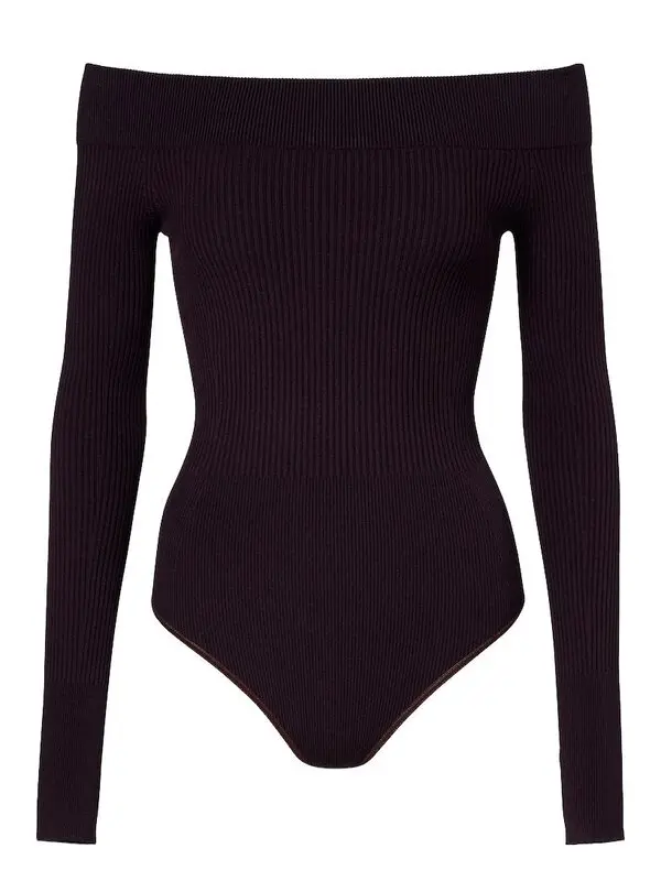 Alaïa Ribbed-knit Off-shoulder Bodysuit - Purple