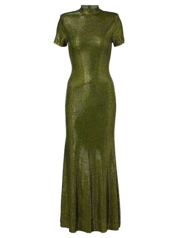 SELF-PORTRAIT Embellished Mesh Maxi Dress - Green