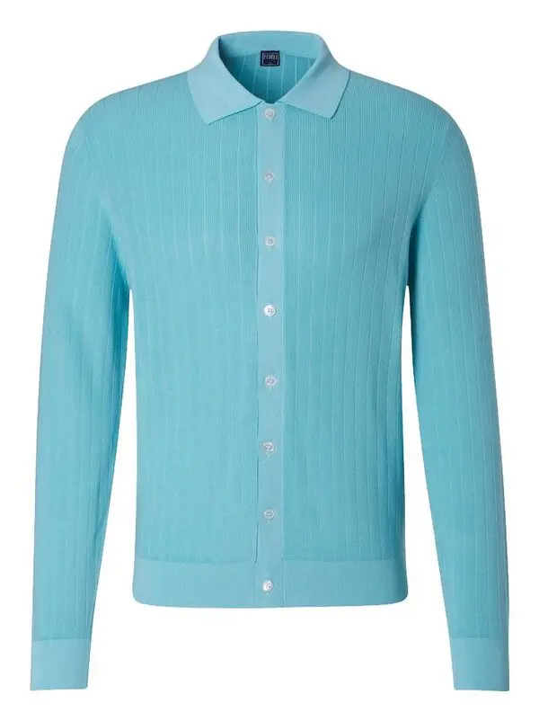 Fedeli Ribbed-knit Cotton Cardigan With Polo Collar - Blue
