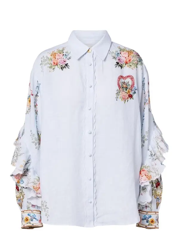 Camilla Floral Linen Shirt - Blue