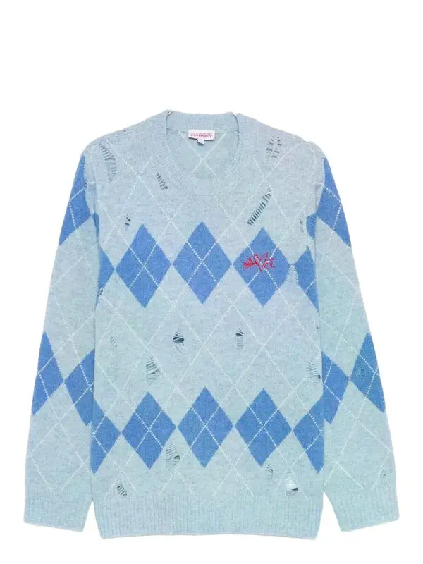 CHARLES JEFFREY Argyle-pattern Distressed Sweater - Blue