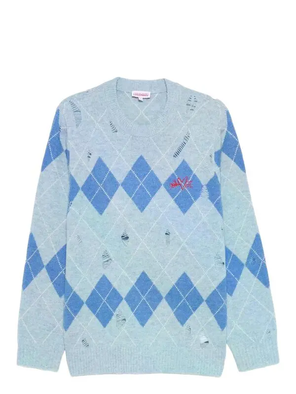 CHARLES JEFFREY Argyle-pattern Distressed Sweater - Blue
