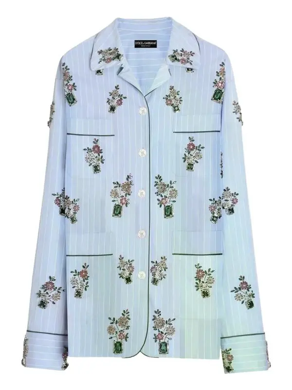 Dolce & Gabbana Poplin Shirt With Crystal Flower Embroidery - Blue
