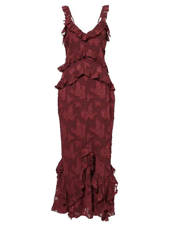 PRETTY LAVISH Helena Ruffled Woven Maxi Dress - Mahogany