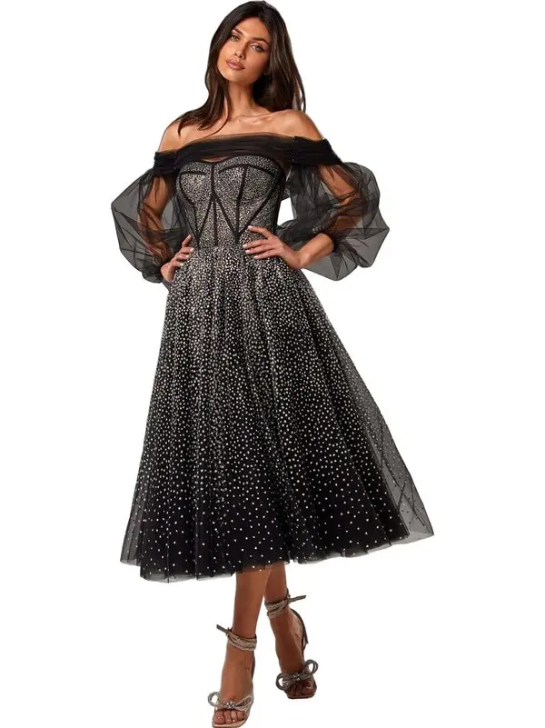 MILLA Sparkly Midi Tulle Dress With Off-the-shoulder Bolero - Black