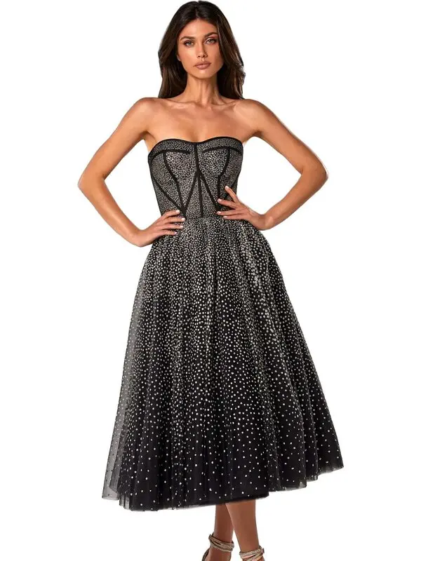 MILLA Sparkly Midi Tulle Dress With Off-the-shoulder Bolero - Black