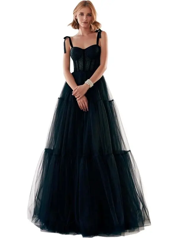 MILLA Tie-strap Maxi Tulle Gown - Black #000000