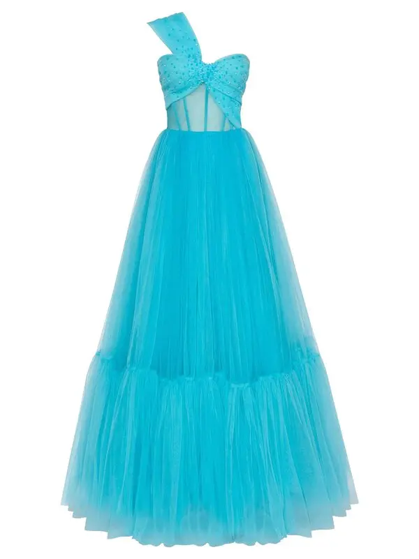 MILLA Tulle A-line Gown With One-shoulder Wrap Top - Aquamarine #30d5c8