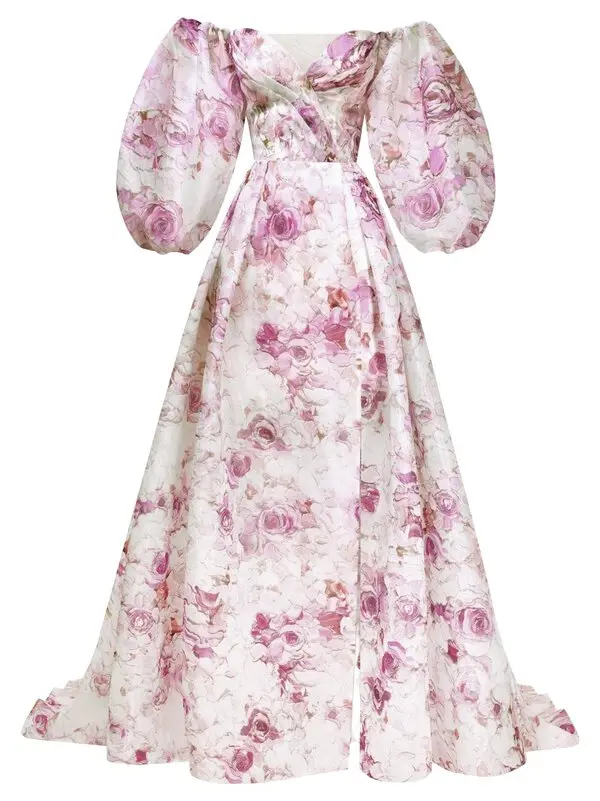 MILLA Floral Puff Sleeve Maxi Gown - Pink Peony