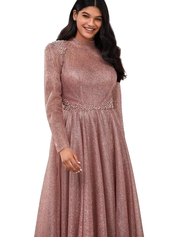 MILLA Long-sleeve Glitter Maxi Gown - Mistyrose #caa39a