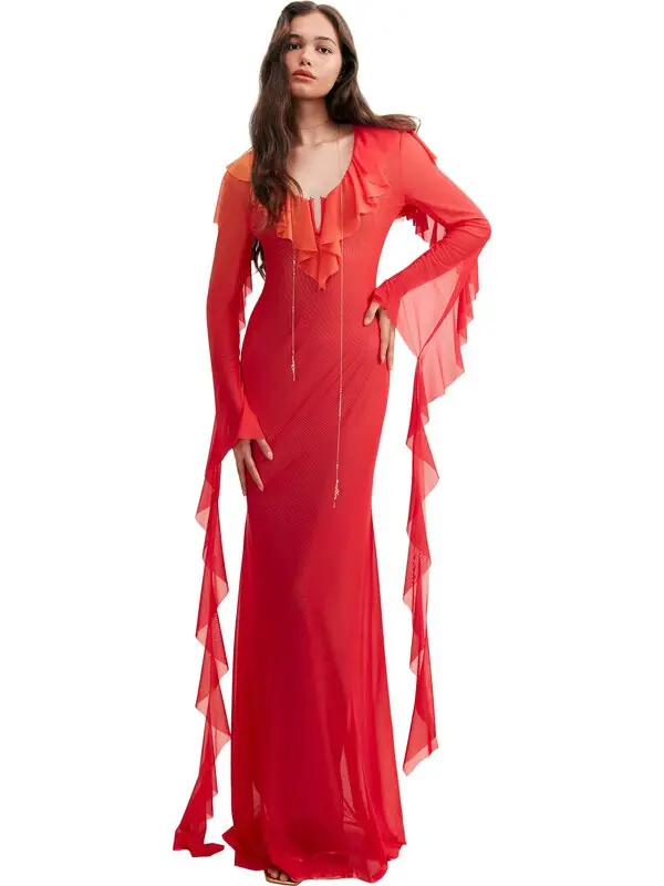 MILLA Chiffon Maxi Dress With Fluted Trims - Red
