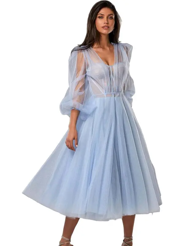 MILLA Tie-strap Midi Tulle Dress - Light Blue